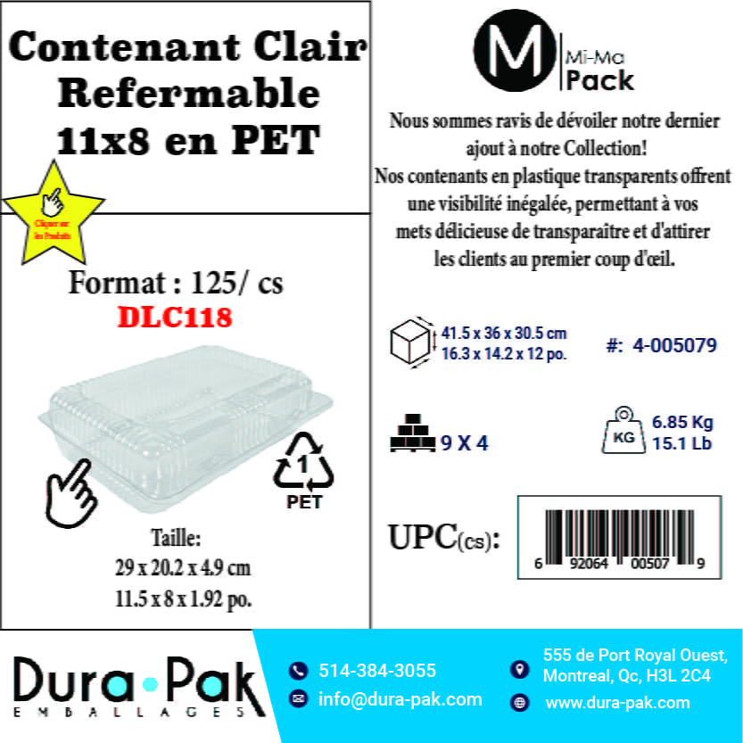 Clear Hinged Plastic Container 11.5'' x 8'' (125/cs)